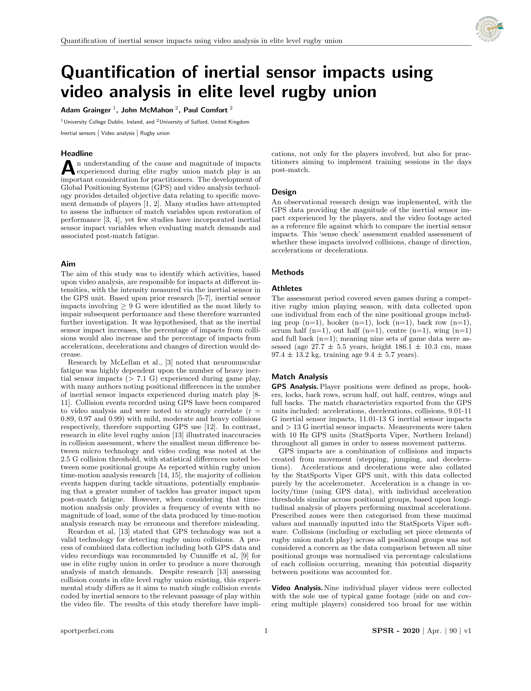Quantification of inertial sensor impacts using video analysis in elite ...