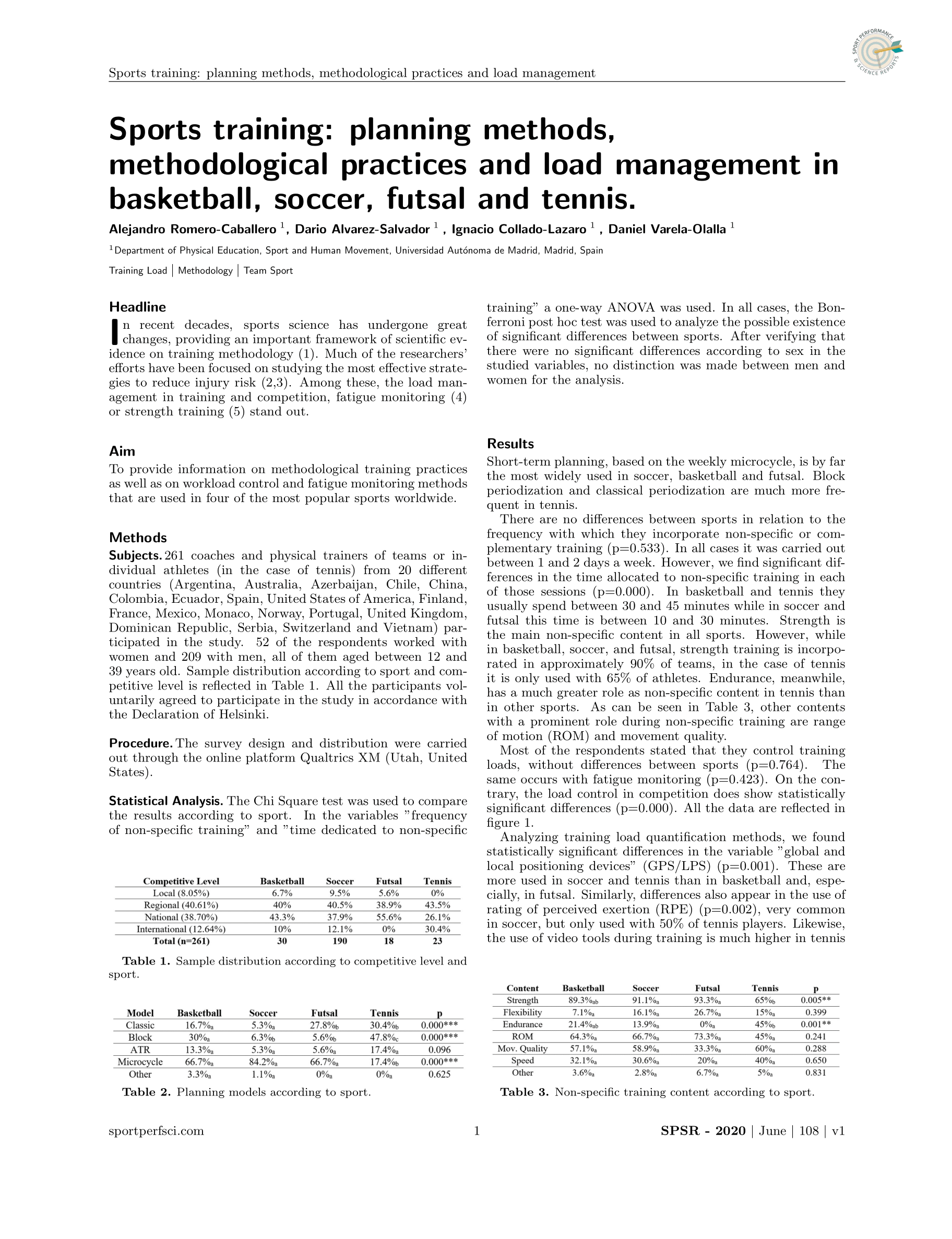 Sports training: planning methods, methodological practices and load ...