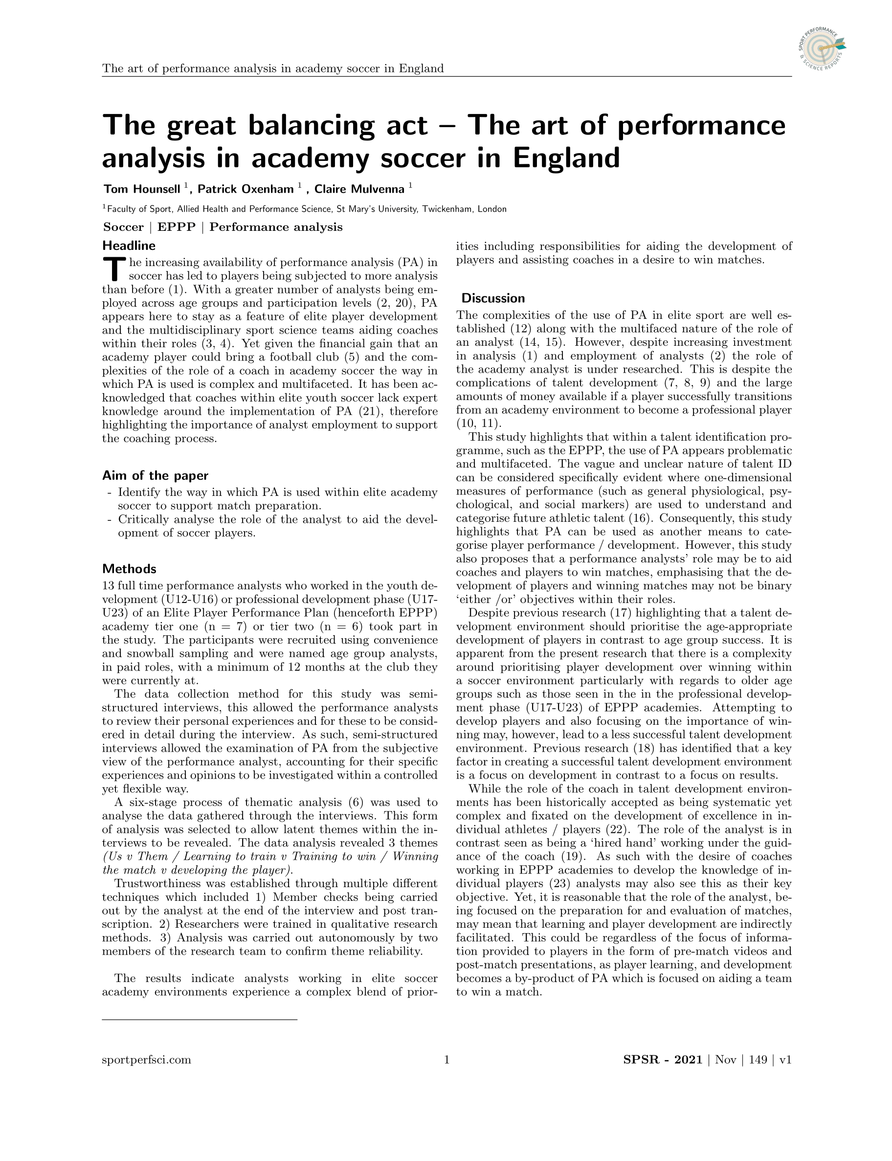 The great balancing act – The art of performance analysis in academy ...