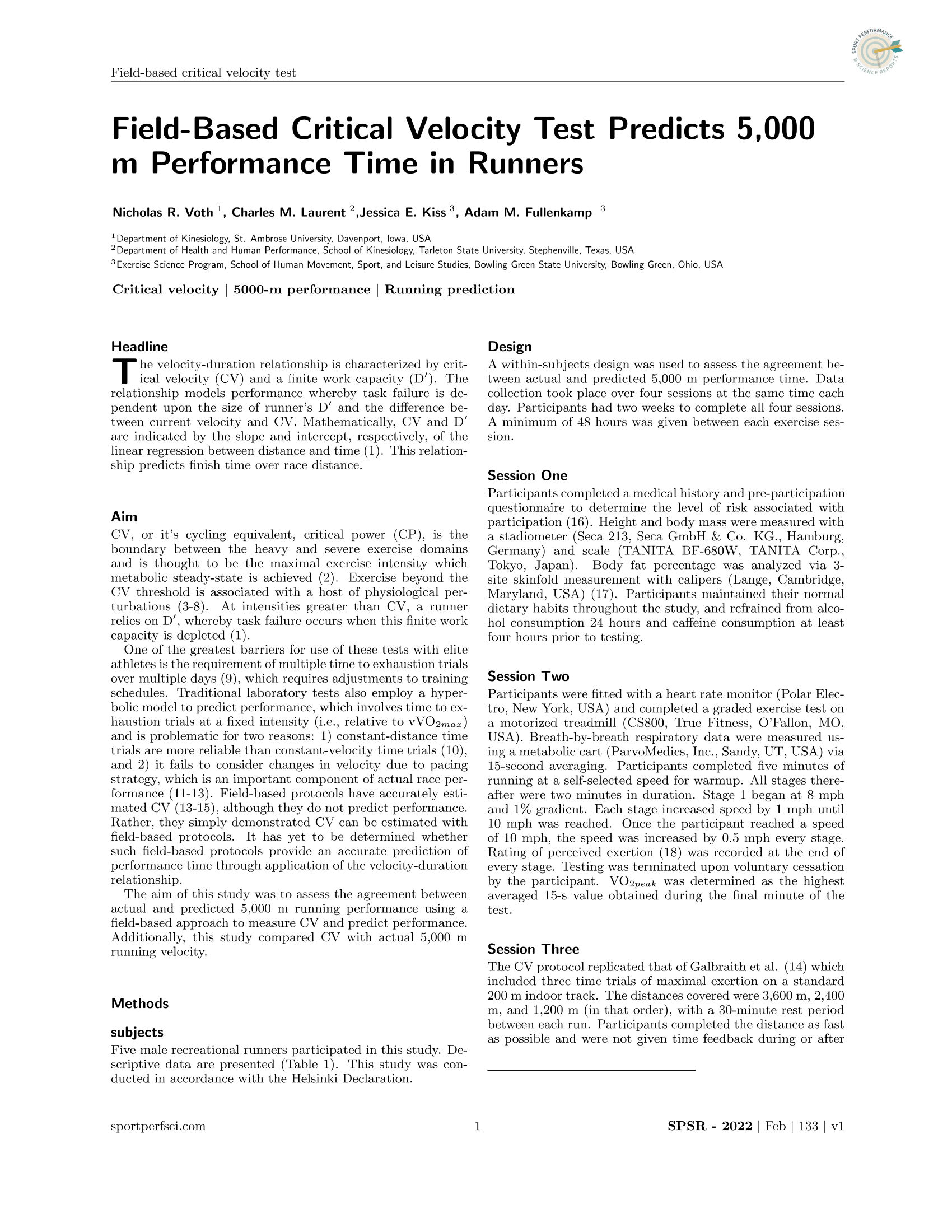 Field-based critical velocity test predicts 5000m Performance Time in ...