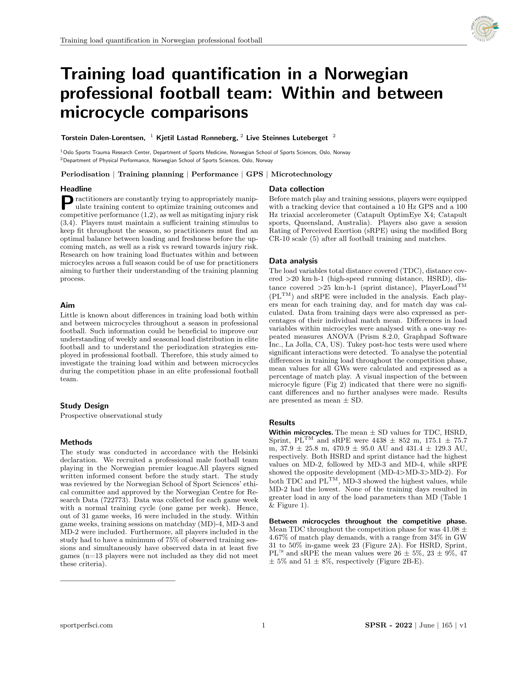 Training load quantification in a Norwegian professional football team ...